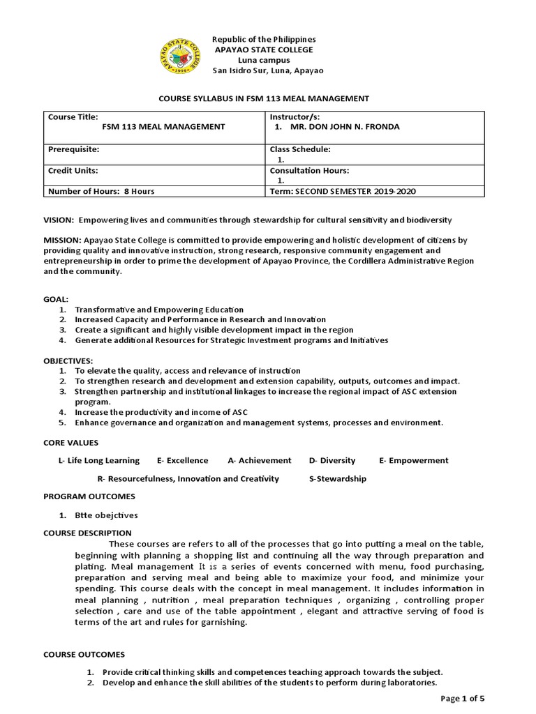 FSM 113 Meal Management Syllabus | PDF | Foods | Test (Assessment)