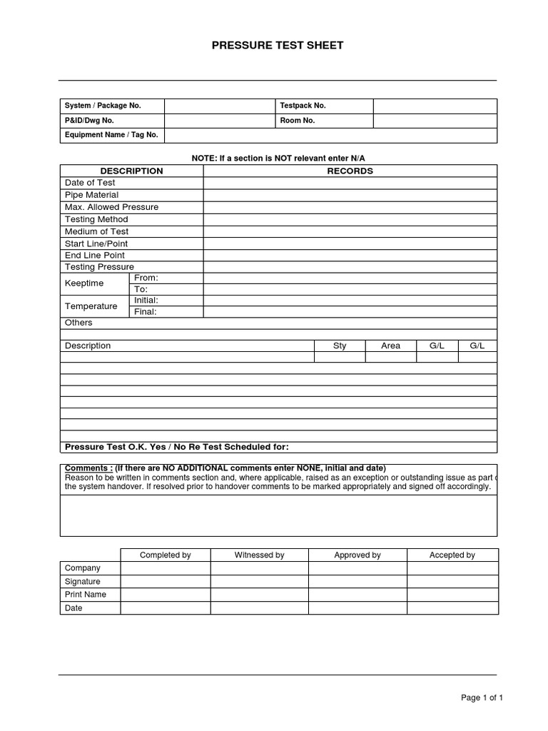 Pressure Test Sheet: Description Records | PDF