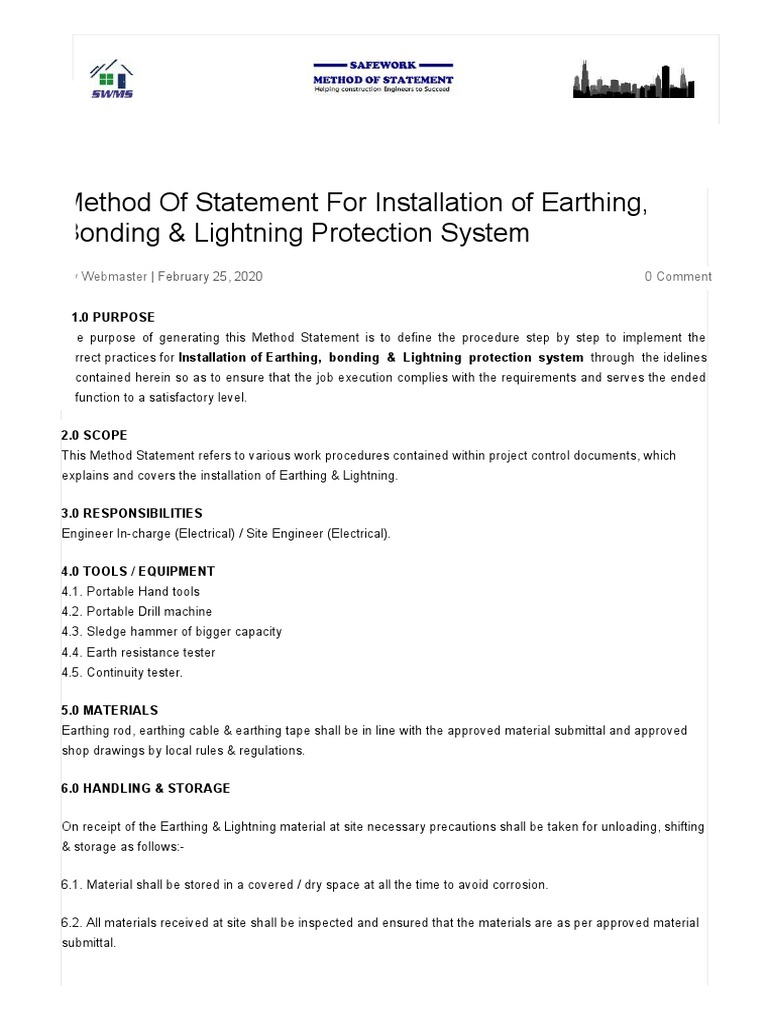 Method of Statement For Installation of Earthing, Bonding & Lightning Protection System - Safe ...