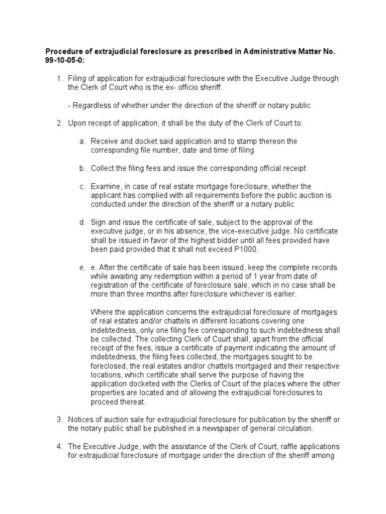 Procedure of Extrajudicial Foreclosure As Prescribed in Administrative Matter No | PDF ...