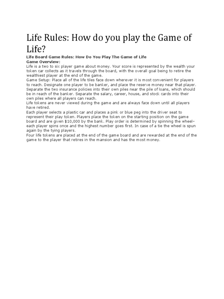 Life Board Game Rules: How Do You Play The Game of Life Game Overview | PDF