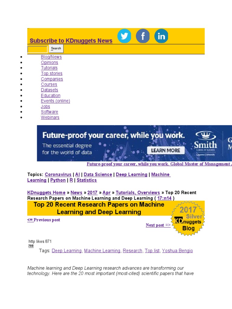 Subscribe To Kdnuggets News: Top 20 Recent Research Papers On Machine Learning and Deep Learning ...