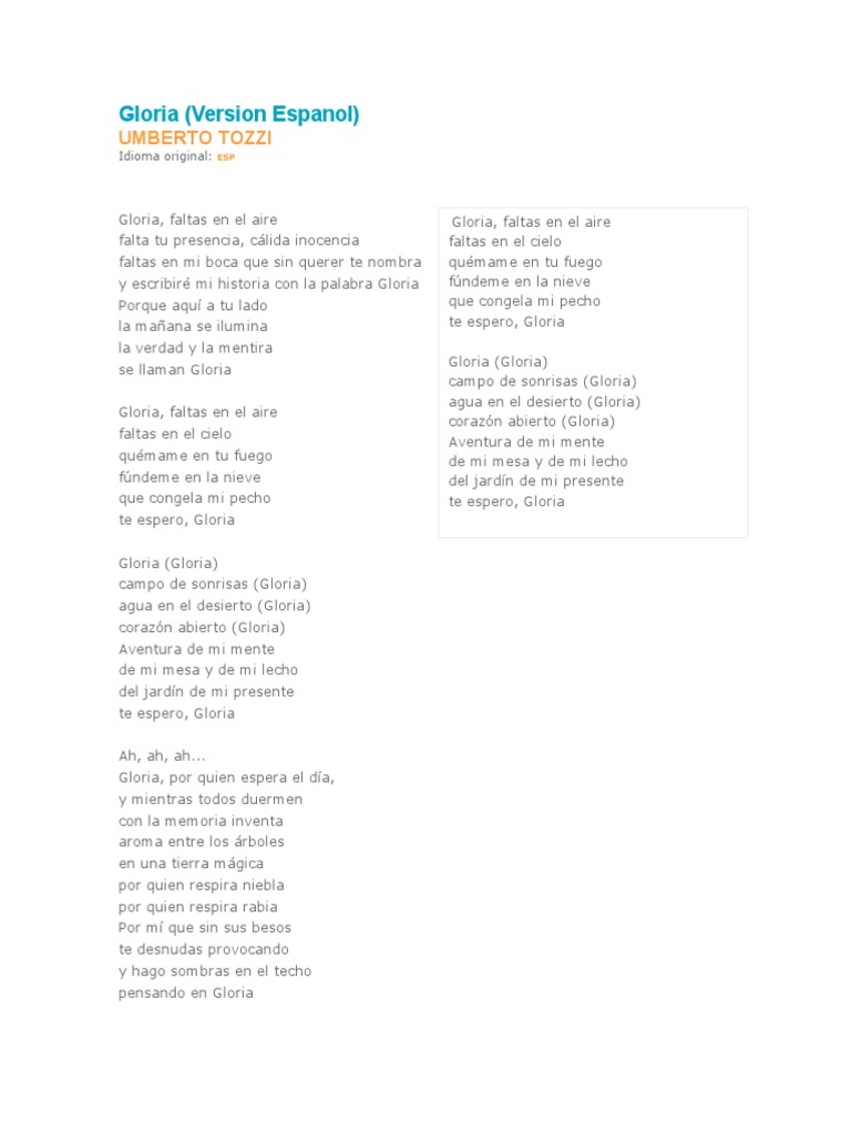 Letra de "Gloria" en Español | PDF