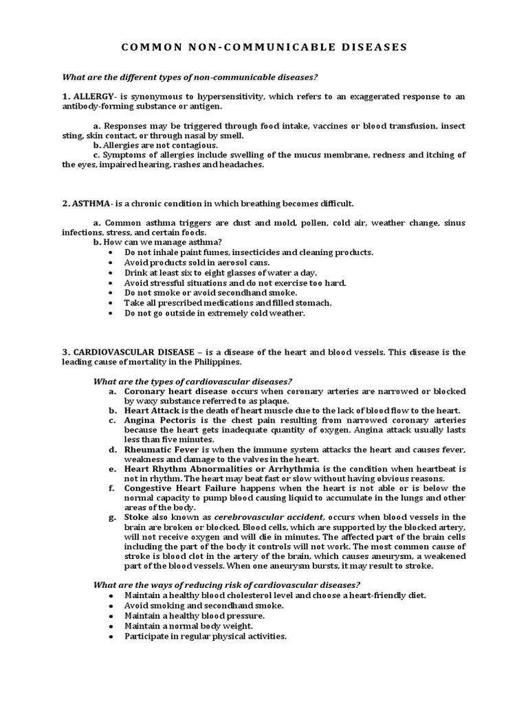 Common Non-Communicable Diseases - Handout | PDF | Cancer | Heart