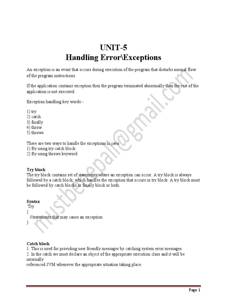 UNIT-5 Handling Error/Exceptions: Try Block | PDF | Java (Programming Language) | Computer Science