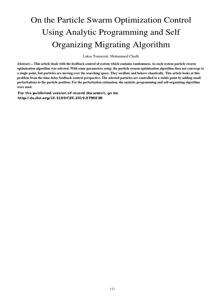 On The Particle Swarm Optimization Control Using Analytic Programming and Self Organizing ...