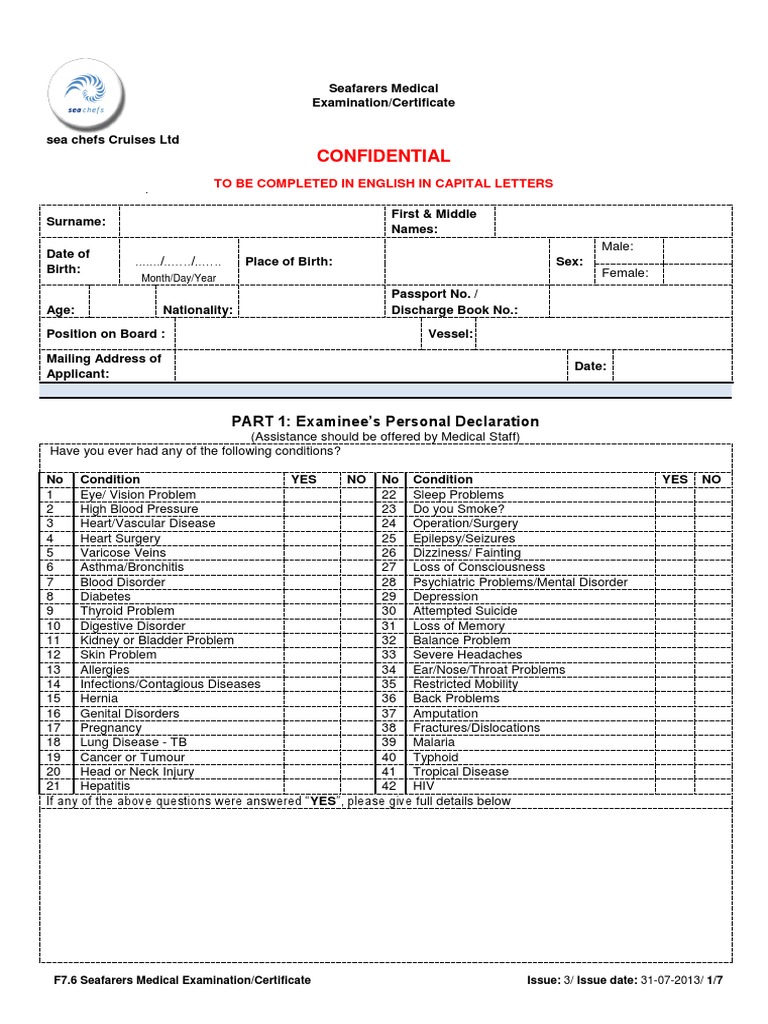 F7.6 Seafarers Medical Examination-Certificate | PDF | Sailor | Blood ...