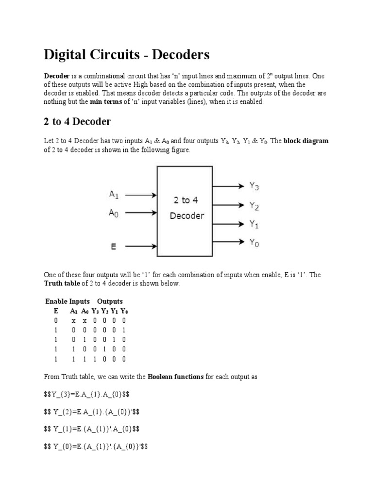 Digital Circuits - Decoders: 2 To 4 Decoder | PDF | Mathematical Logic | Applied Mathematics
