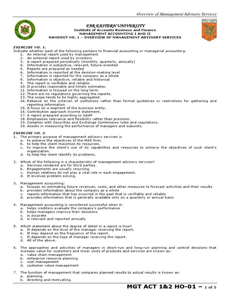 HO No. 1 - Overview of MAS PDF | PDF | Management Accounting | Accounting