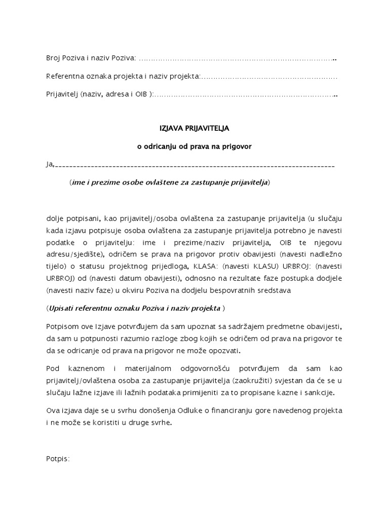 Prilog 4 - Odricanje Od Prava Na Prigovor | PDF