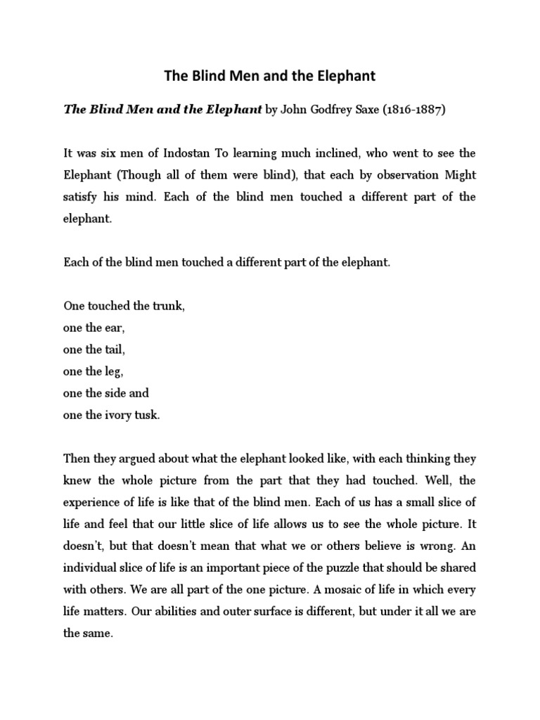 The Blind Men and The Elephant by John Godfrey Saxe (1816-1887) | PDF