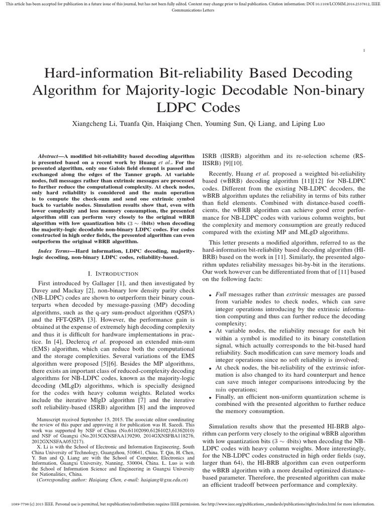 Majority-Logic Decodable NB-LDPC Codes Bit-Reliability Decoding | PDF | Low Density Parity Check ...