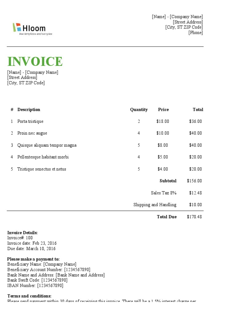 Invoice: # Description Quantity Price Total | PDF
