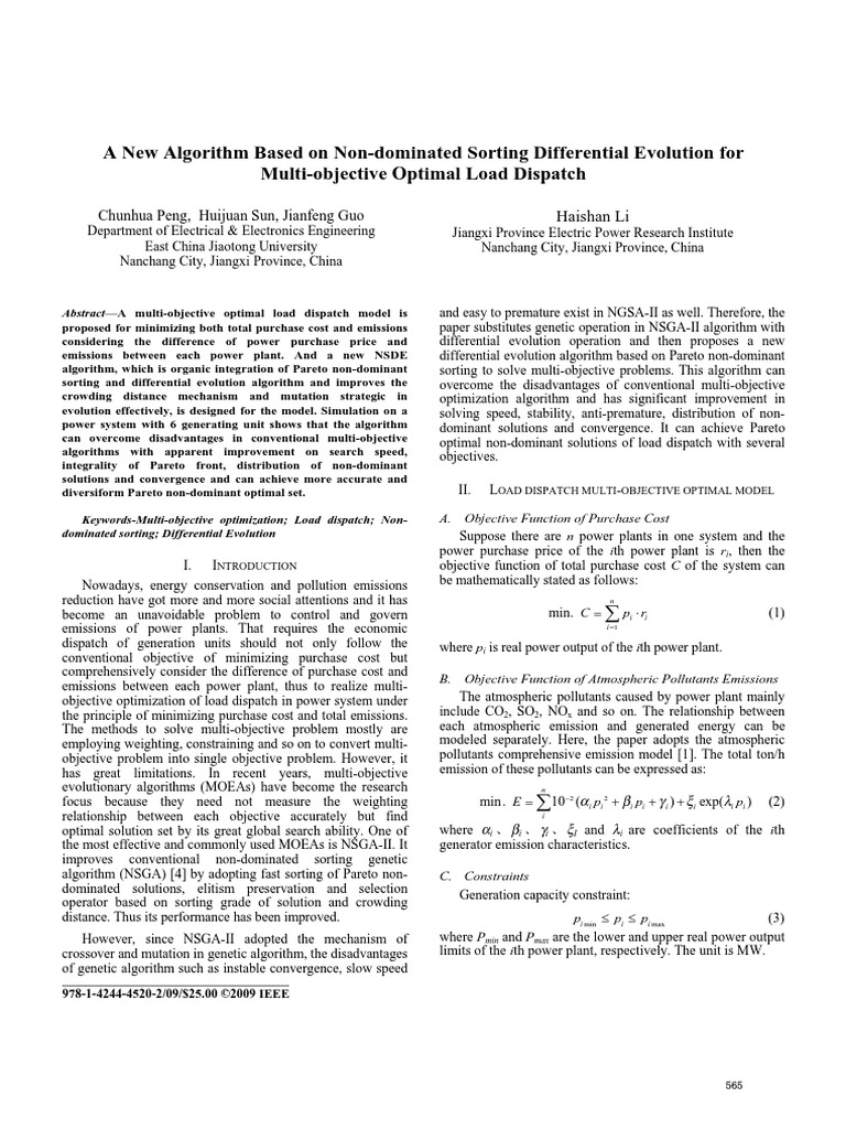 A New Algorithm Based On Non Dominated Sorting Differential Evolution For Multi Objective