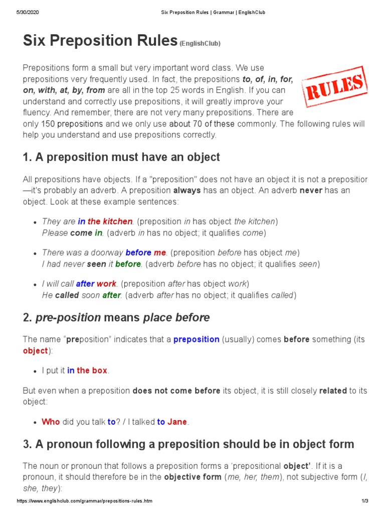 Six Preposition Rules - Grammar - EnglishClub | PDF | Preposition And ...