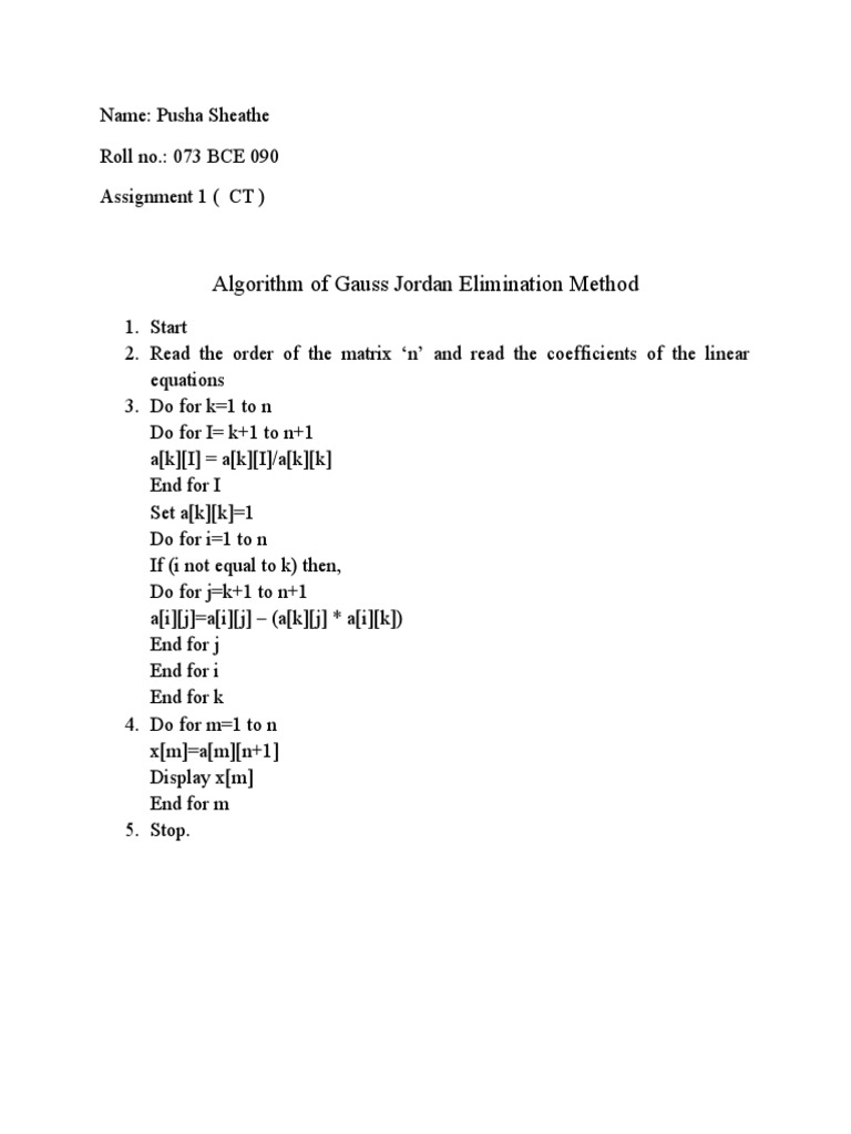 Gauss Jordan Elimination Algorithm Guide | PDF