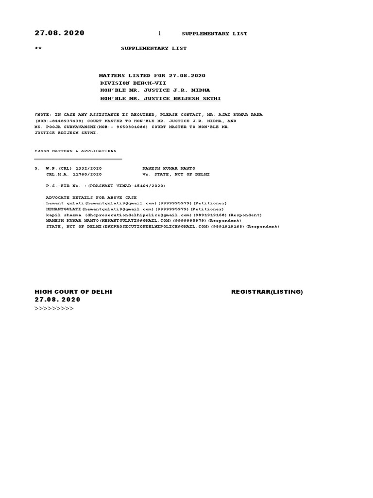 Supplementary List Supplementary List: High Court of Delhi Registrar ...