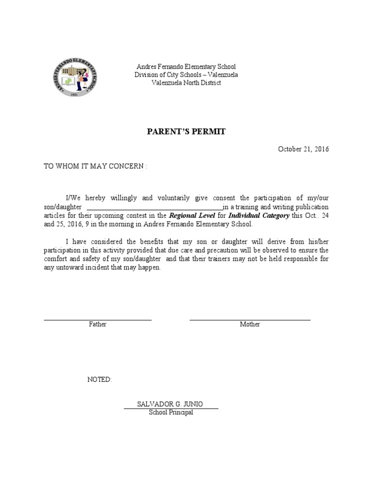 Parent'S Permit: Andres Fernando Elementary School Division of City ...