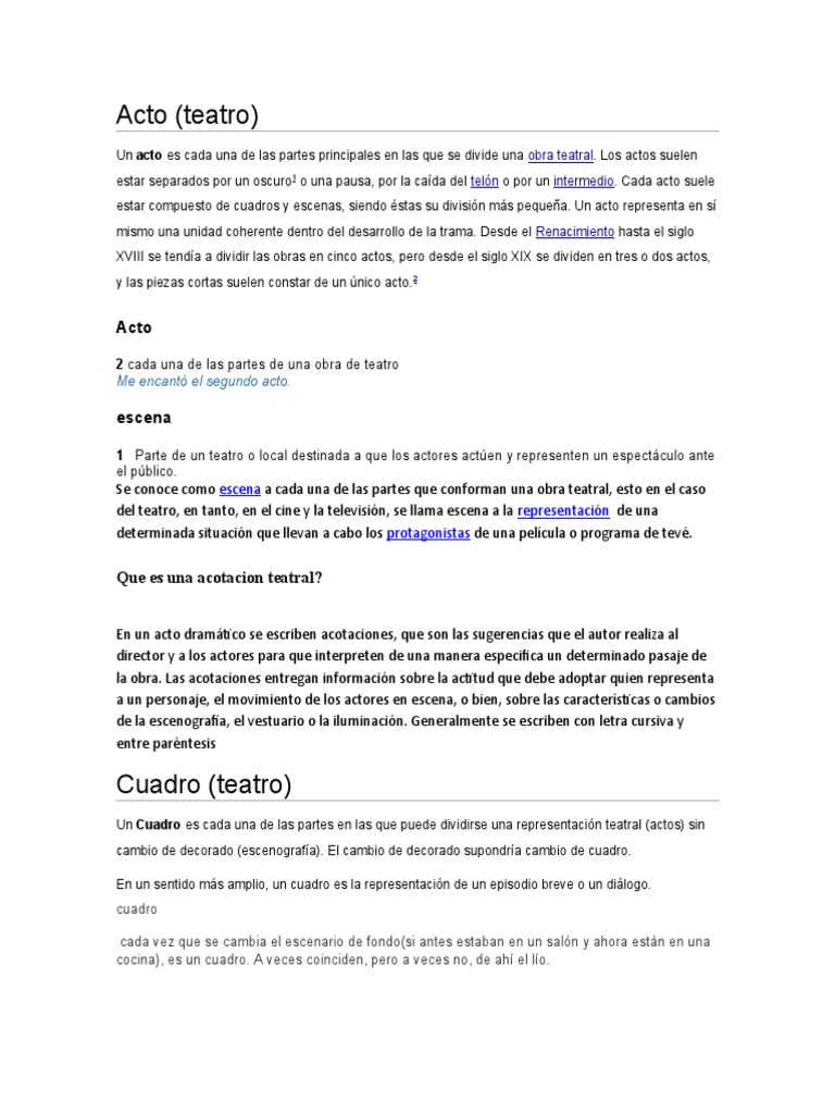 Acto Escena Acotacion y Cuadro Teatral Significados | PDF