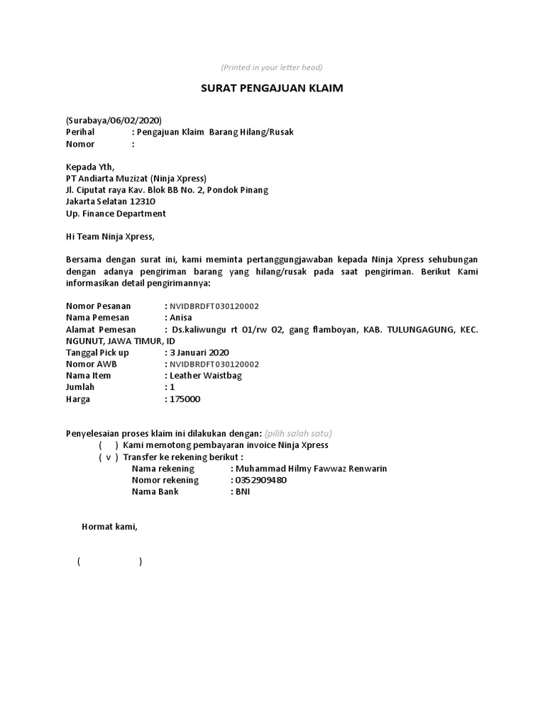 Formulir Pengajuan Klaim | PDF