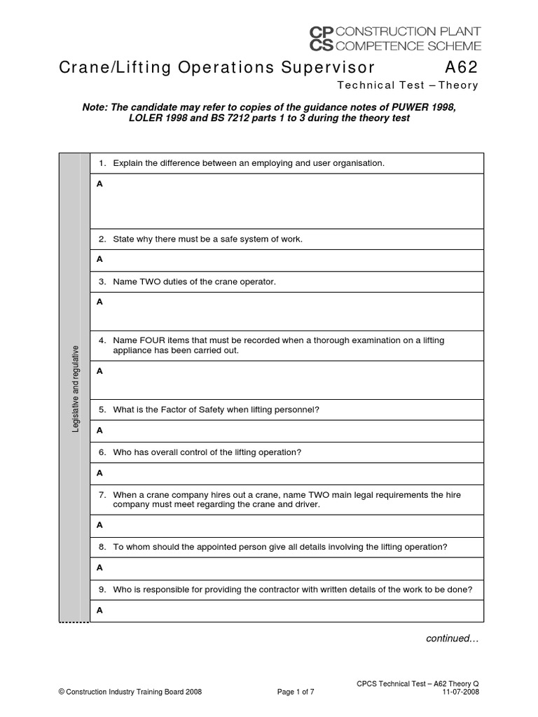 Crane/Lifting Operations Supervisor A62: LOLER 1998 and BS 7212 Parts 1 ...
