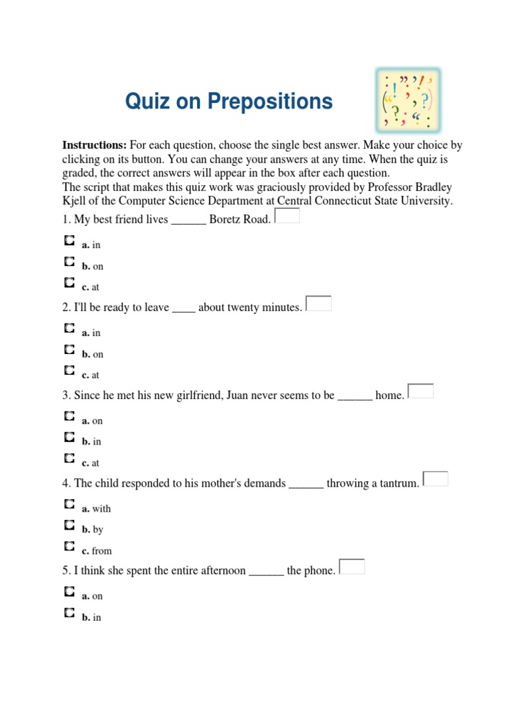 Preposition Quiz for Students | PDF