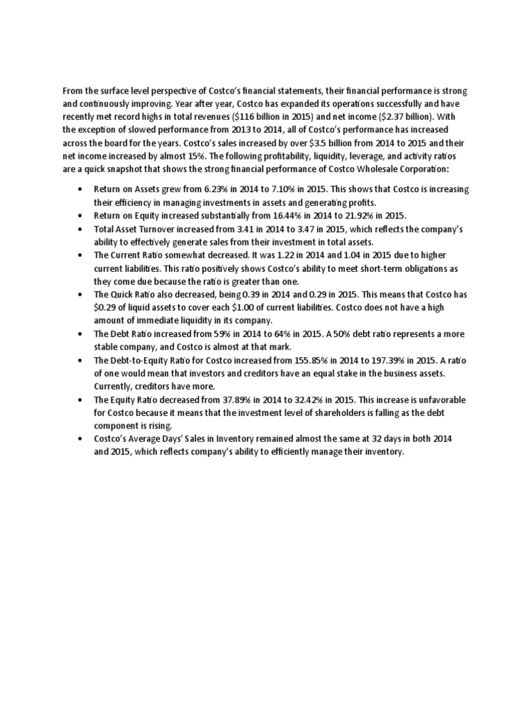 Costco Financial Performance Overview 2015 | PDF | Equity (Finance ...