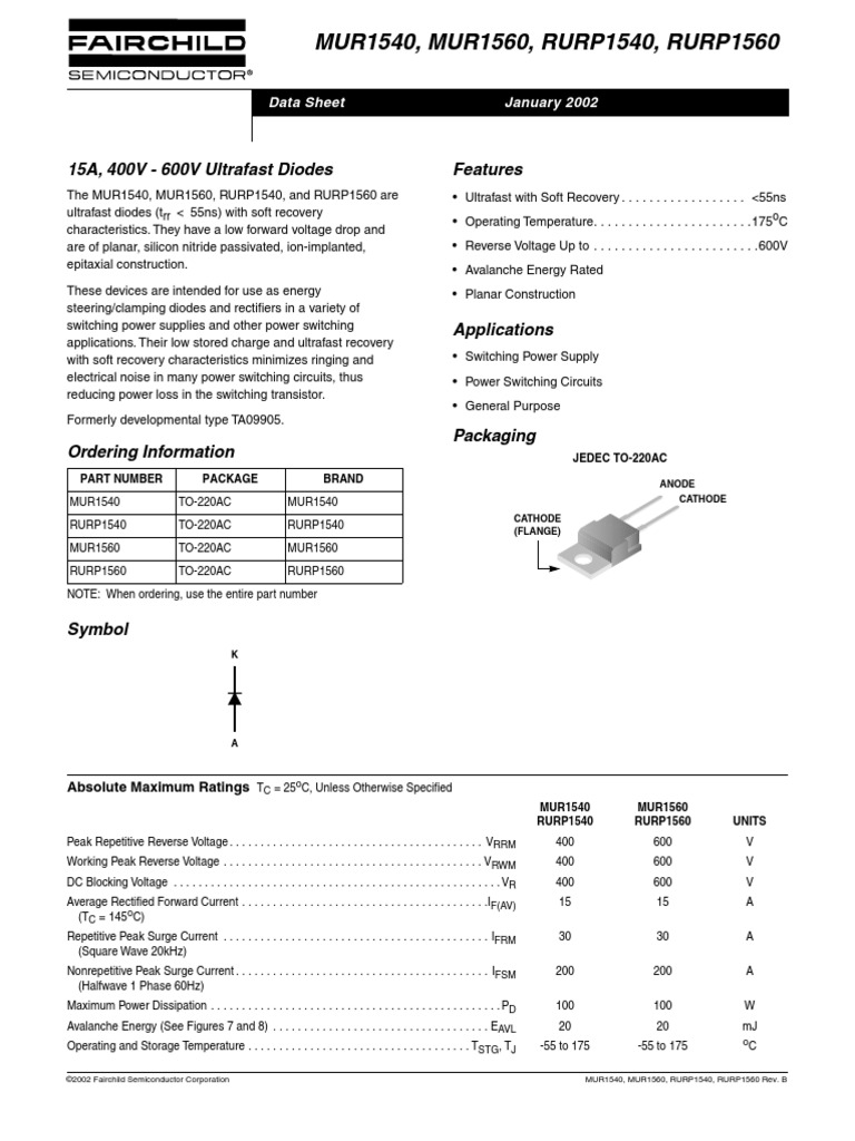 MUR1540, MUR1560, RURP1540, RURP1560: 15A, 400V - 600V Ultrafast Diodes ...