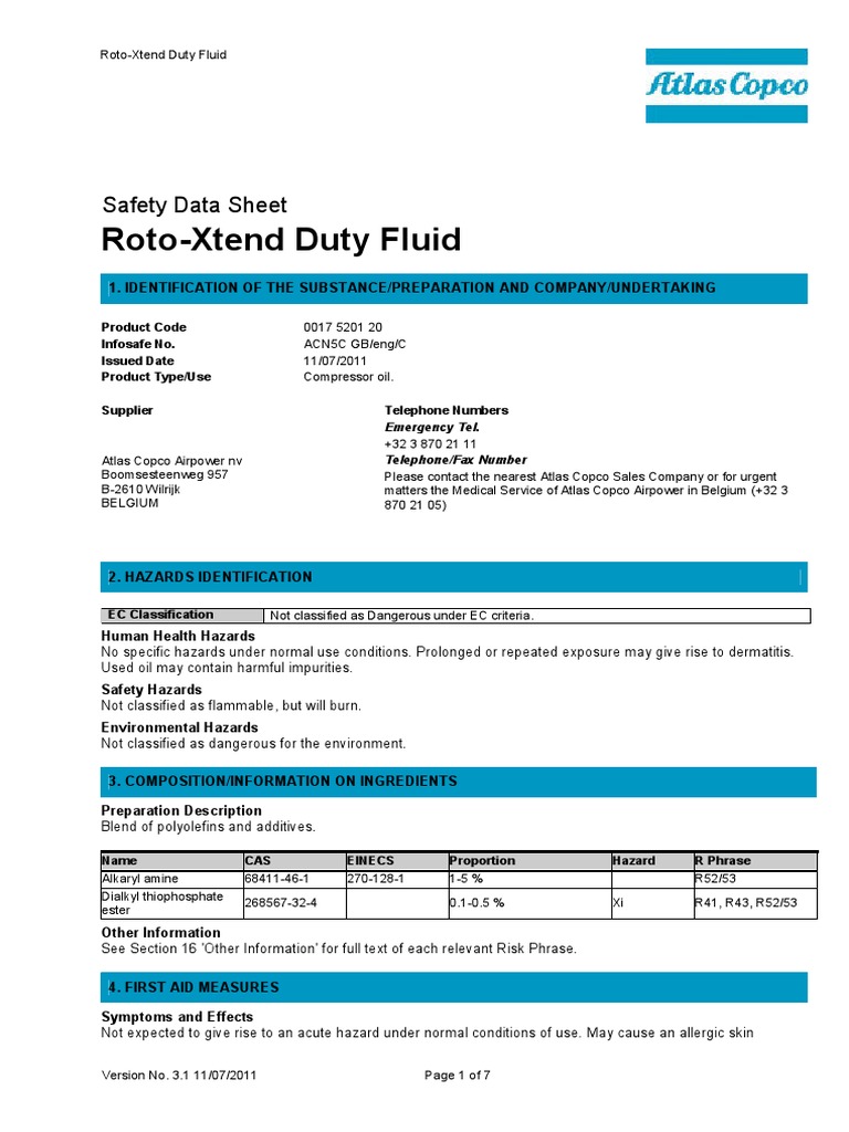 Roto-Xtend Duty Fluid: Safety Data Sheet | PDF | Personal Protective ...