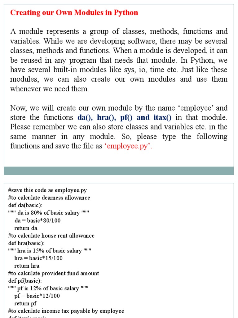 Creating Our Own Modules in Python: Da, Hra, PF and Itax | PDF | Modular Programming | Python ...