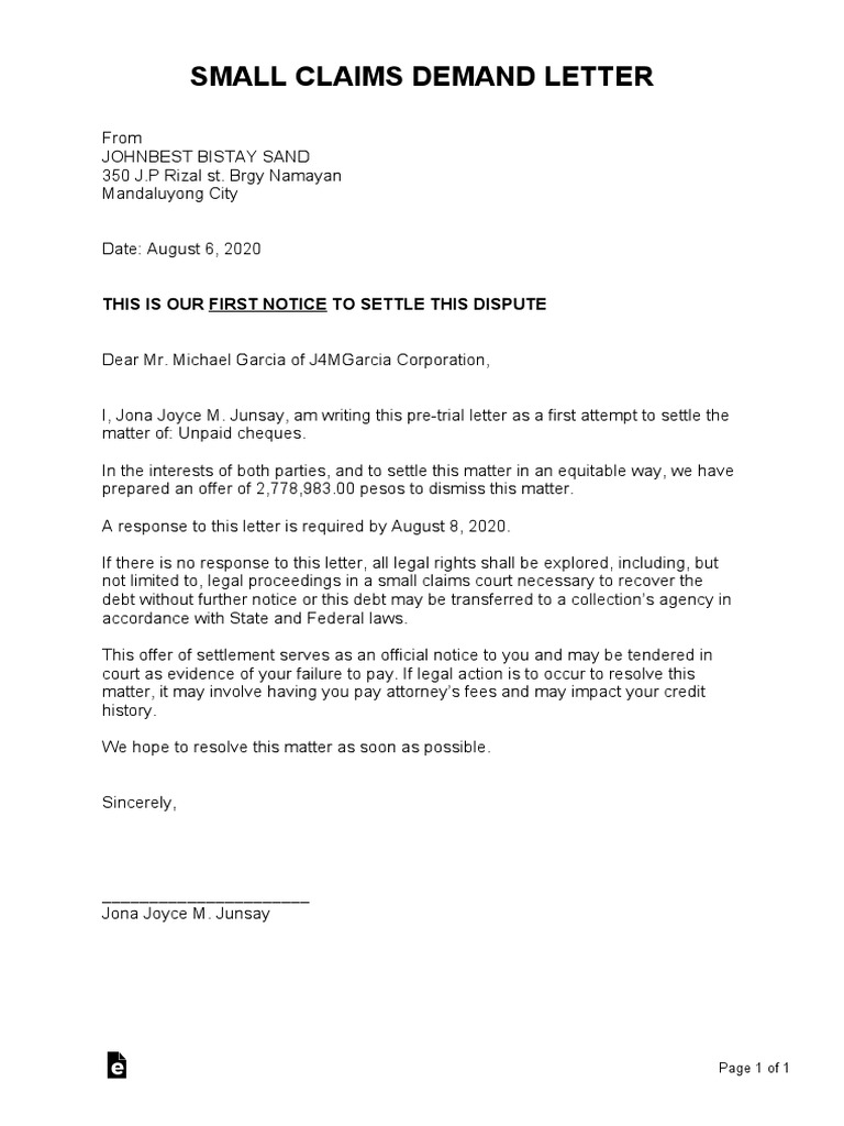 Small Claims Demand Letter | PDF