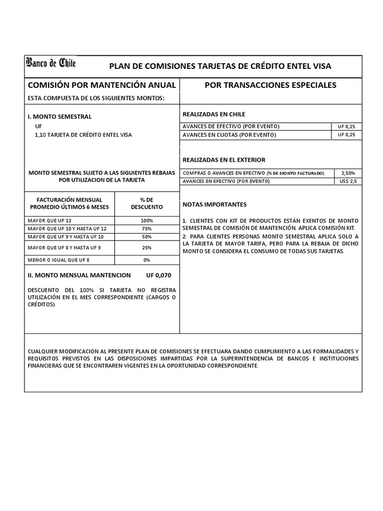 Plan de Comisiones Tarjeta Entel Visa PDF | PDF