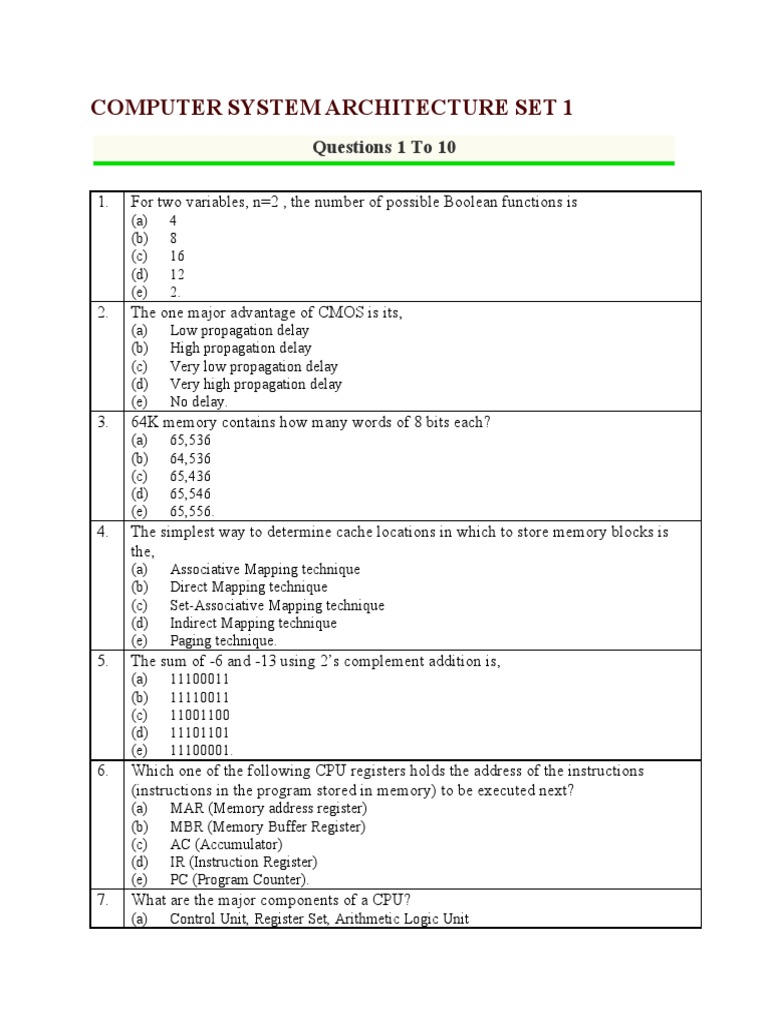Computer System Architecture Set 1 Pdf Computer Data Storage Central Processing Unit