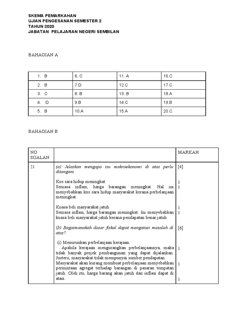Skema Jawapan Ekonomi Semester 2 2020 - Edit | PDF