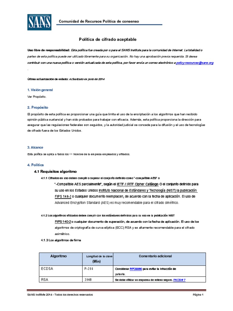 Acceptable Encryption Policy - En.es | Descargar gratis PDF | Transport ...
