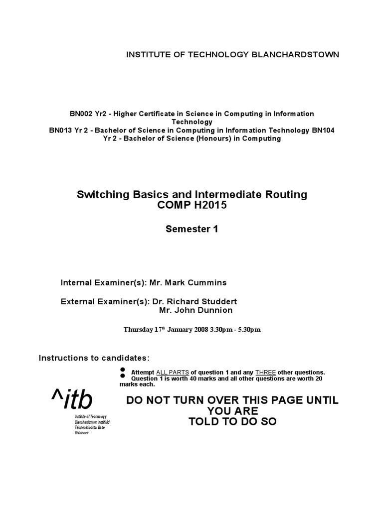 BN002 Yr2 COMP H2015 Jan08 Semester3 Switching Basics & Intermediate Routing | PDF | Network ...