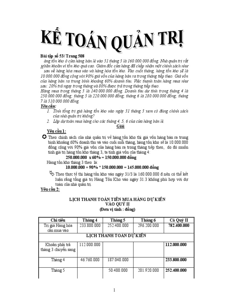 Bai Tap Ke Toan Quan Tri Co Loi Giai | PDF