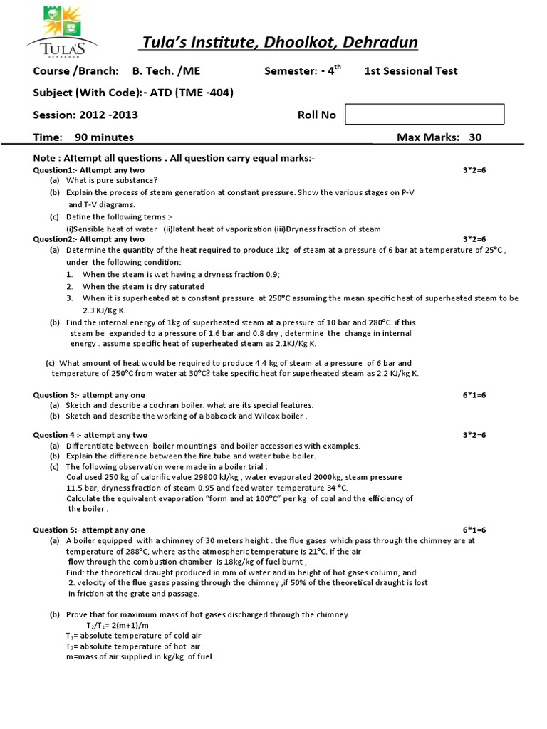 ATD 1st Sessional Test | PDF | Boiler | Steam