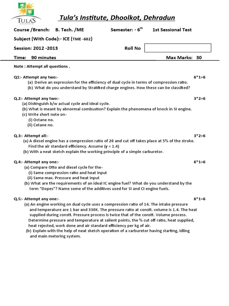 ICE 1st Sessional Test | PDF | Diesel Engine | Engines