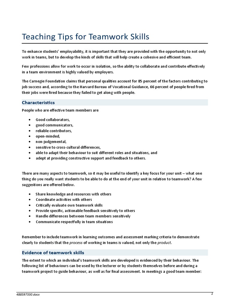 Teaching Tips For Teamwork Skills | PDF | Communication | Nonverbal ...