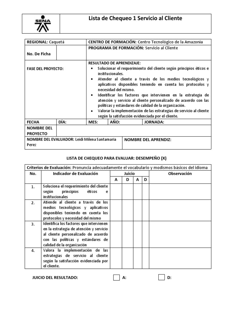 Lista de Chequeo | PDF | Servicio al Cliente | Cliente