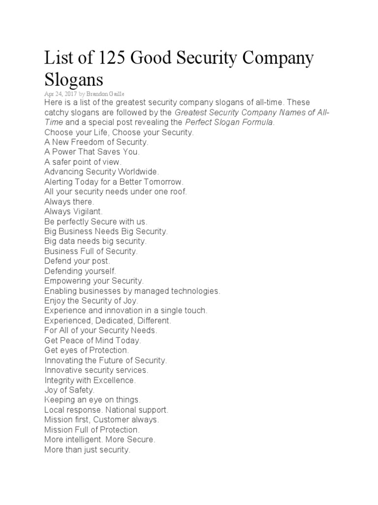 List of 125 Good Security Company Slogans: Time and A Special Post ...