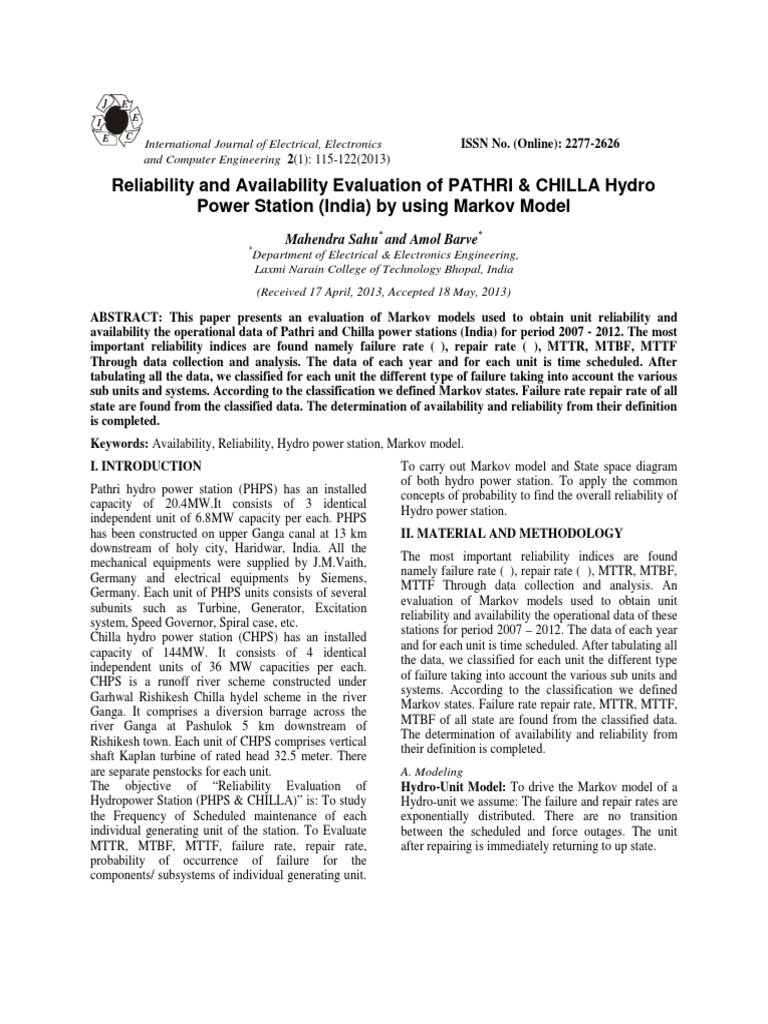 Reliability and Availability Evaluation of PATHRI & CHILLA Hydro Power ...