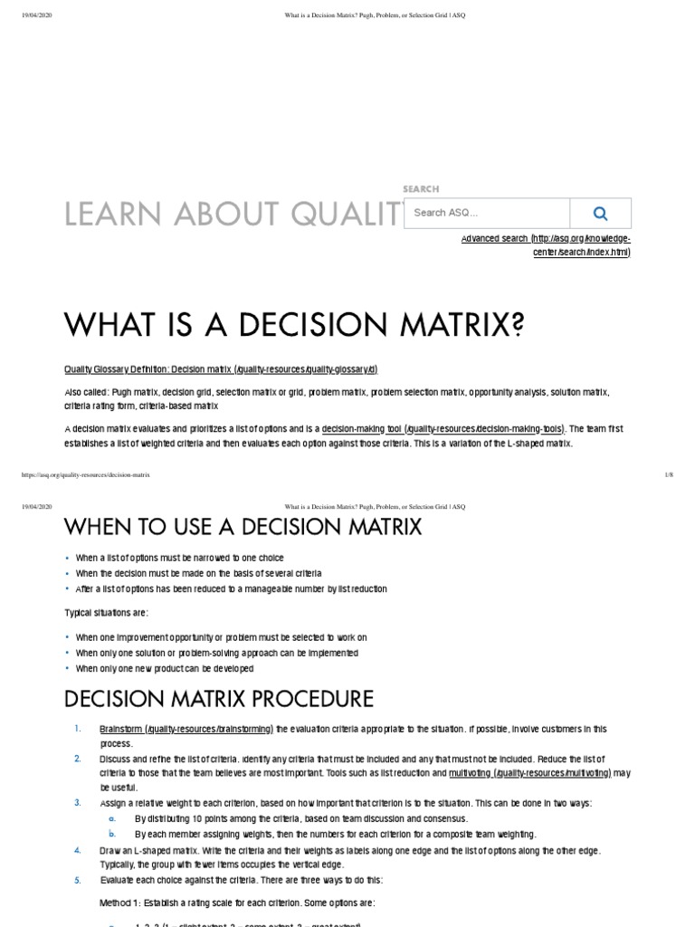 What Is A Decision Matrix - Pugh, Problem, or Selection Grid - ASQ | PDF | Brainstorming ...