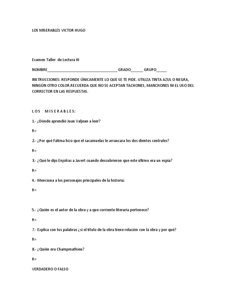 Examen Novela Los Miserables Victor Hugo (A) | PDF