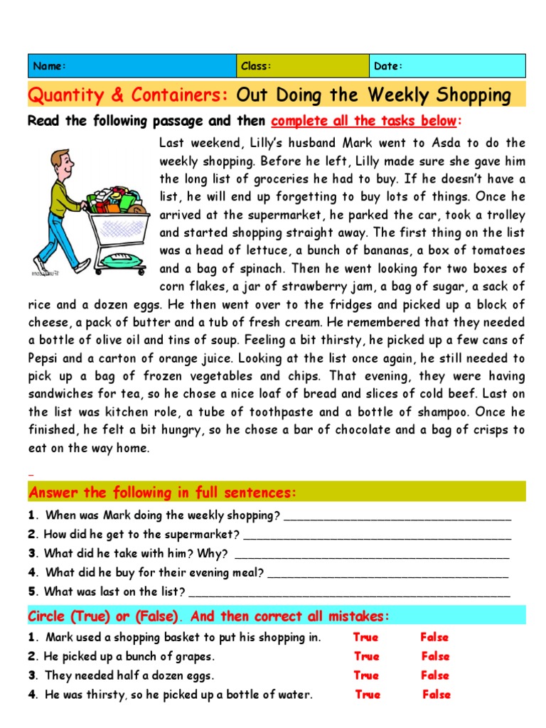 Weekly Grocery Shopping Comprehension | PDF | Cuisine | Foods