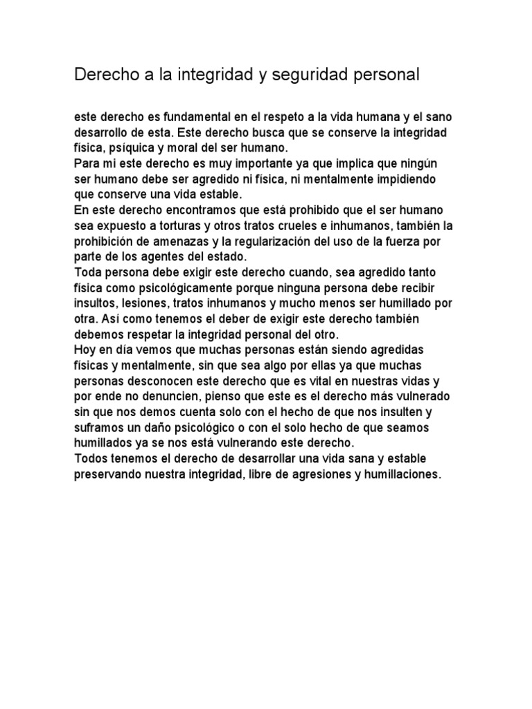 Derecho A La Integridad y Seguridad Personal | PDF