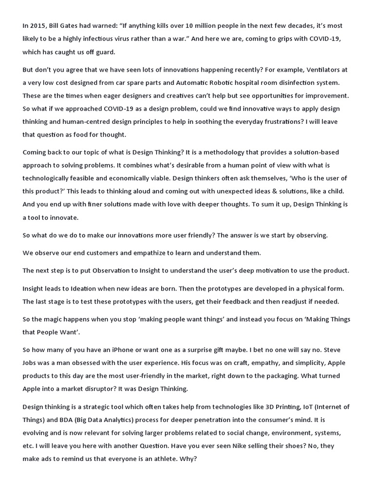 Speech - Design Thinking and Innovation | PDF | Design Thinking | Usability