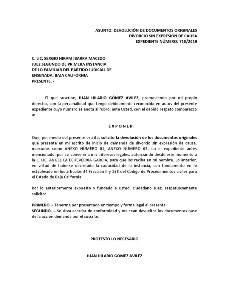 Solicitud de Devolucion de Documentos Juzgado | PDF