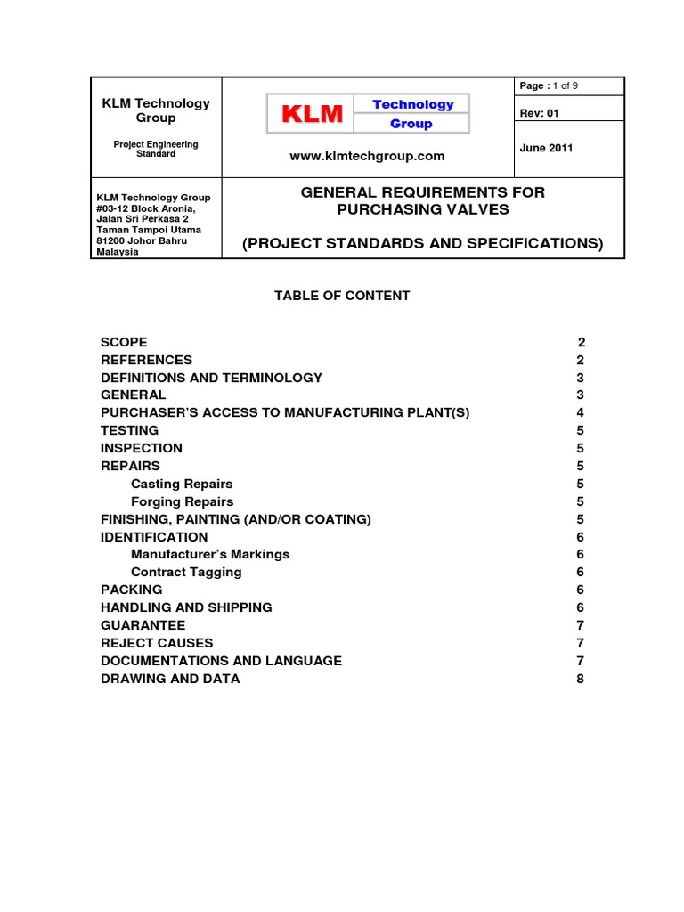 PROJECT STANDARDS AND SPECIFICATIONS Requirments For Purchasing Valves ...